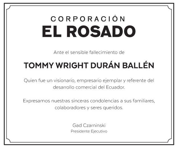 Obituario en memoria de Tomás Carlos Wright Durán-Ballén - El Comercio